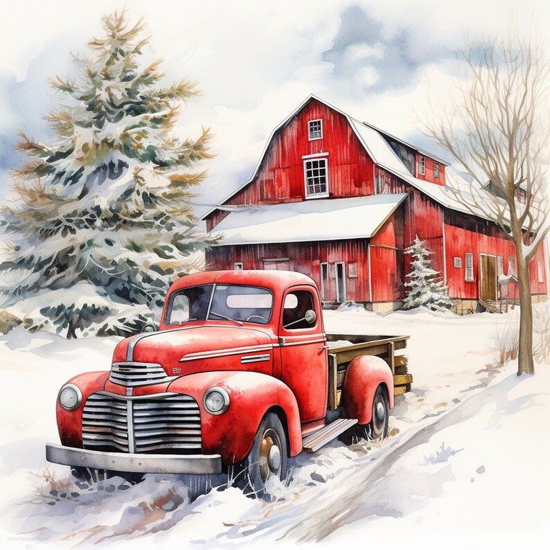 Watercolor Christmas Truck 12 Pngs, Red Truck Background, Vintage Truck ...