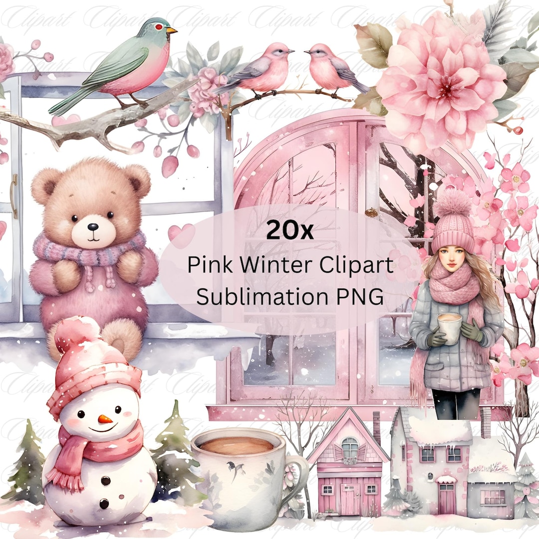 Pink Winter Clipart 20 High Quality PNG Files, Watercolor Pink ...