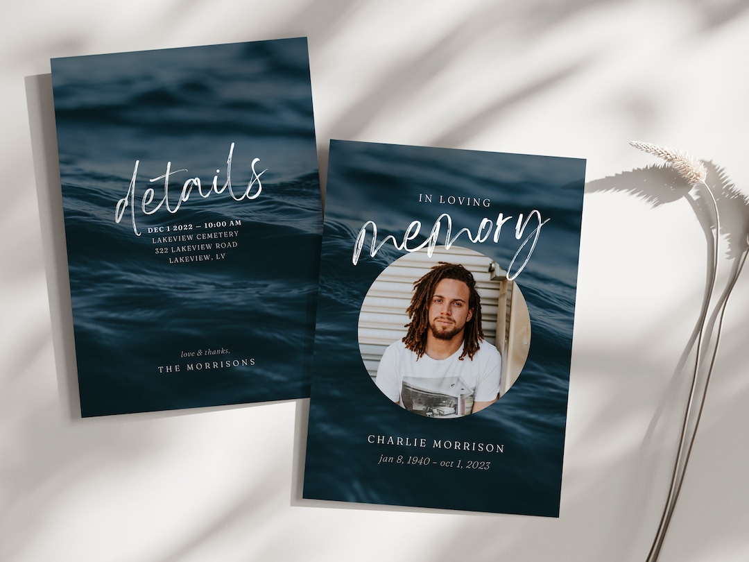 Blue Funeral Program Template | Blue Watercolor Bifold Program for Man ...