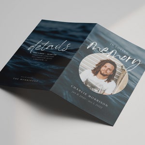 Blue Funeral Program Template | Blue Watercolor Bifold Program for Man ...