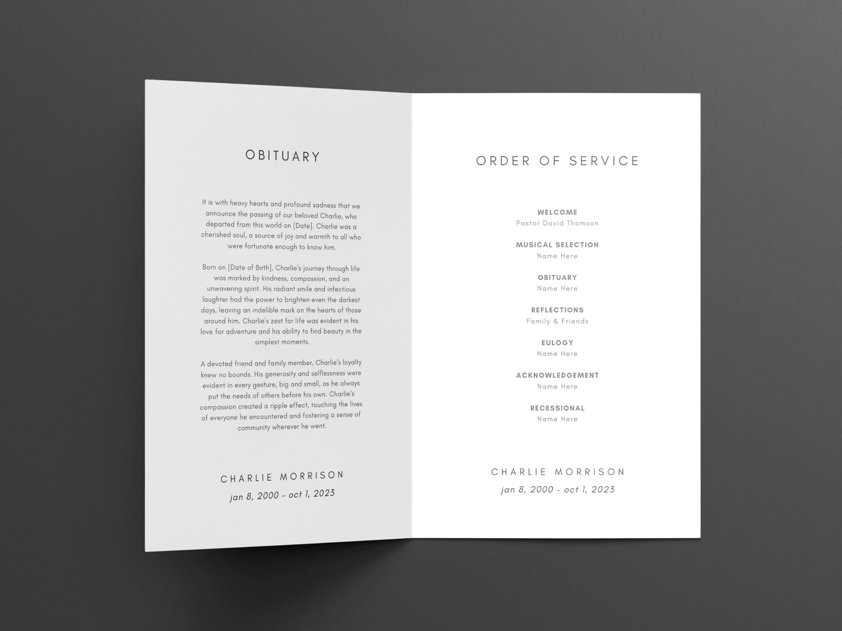 Modern Funeral Program Template Canva Black and White Funeral Service ...