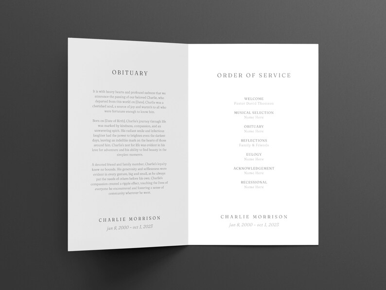 Modern Funeral Program Template Man Canva Masculine Funeral Program ...