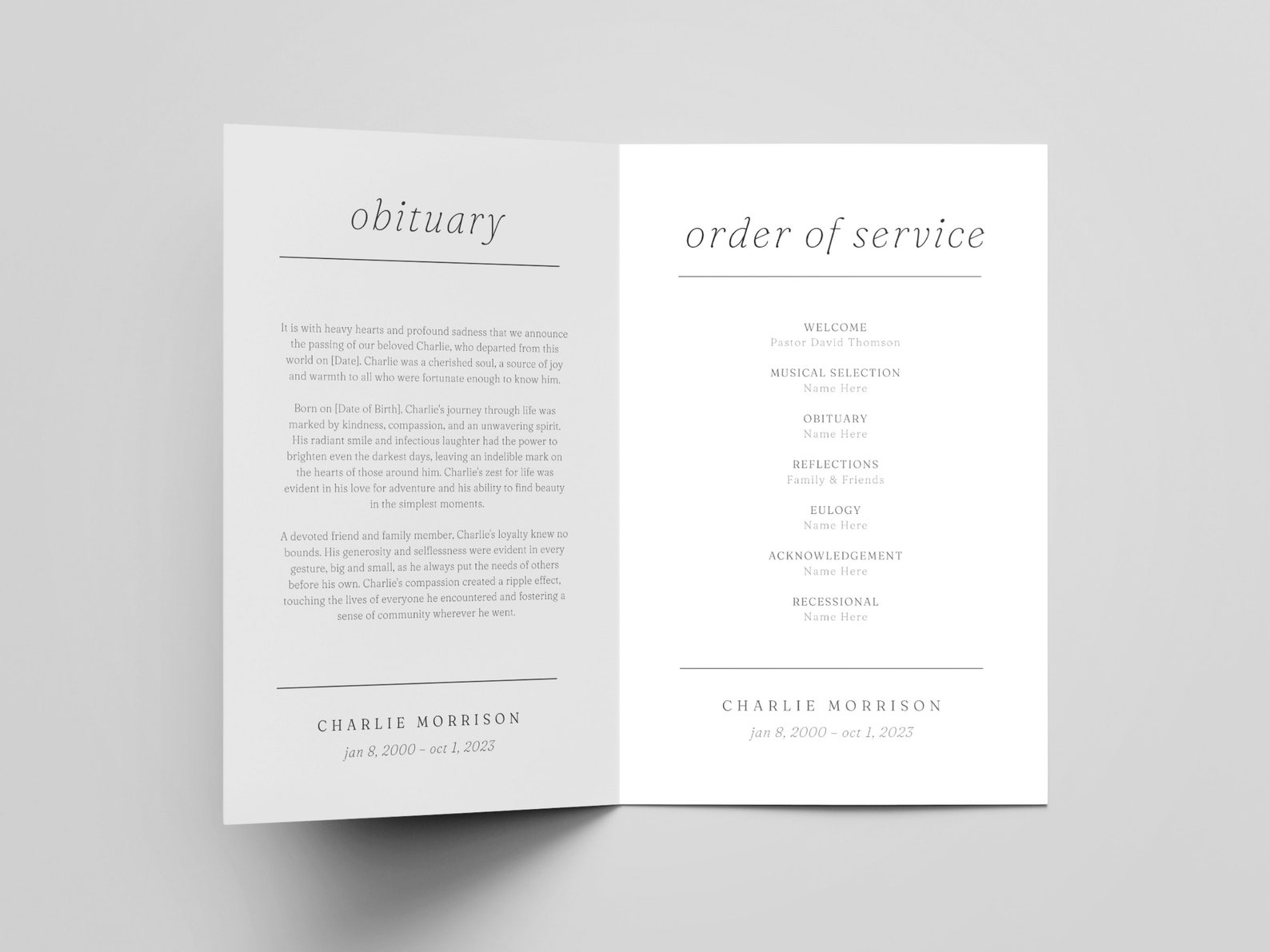 Bifold Funeral Program Template | Minimal Funeral Invite Canva | Text ...