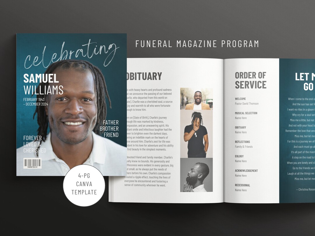 Blue Funeral Magazine Template Canva | Funeral Program | Celebration of ...