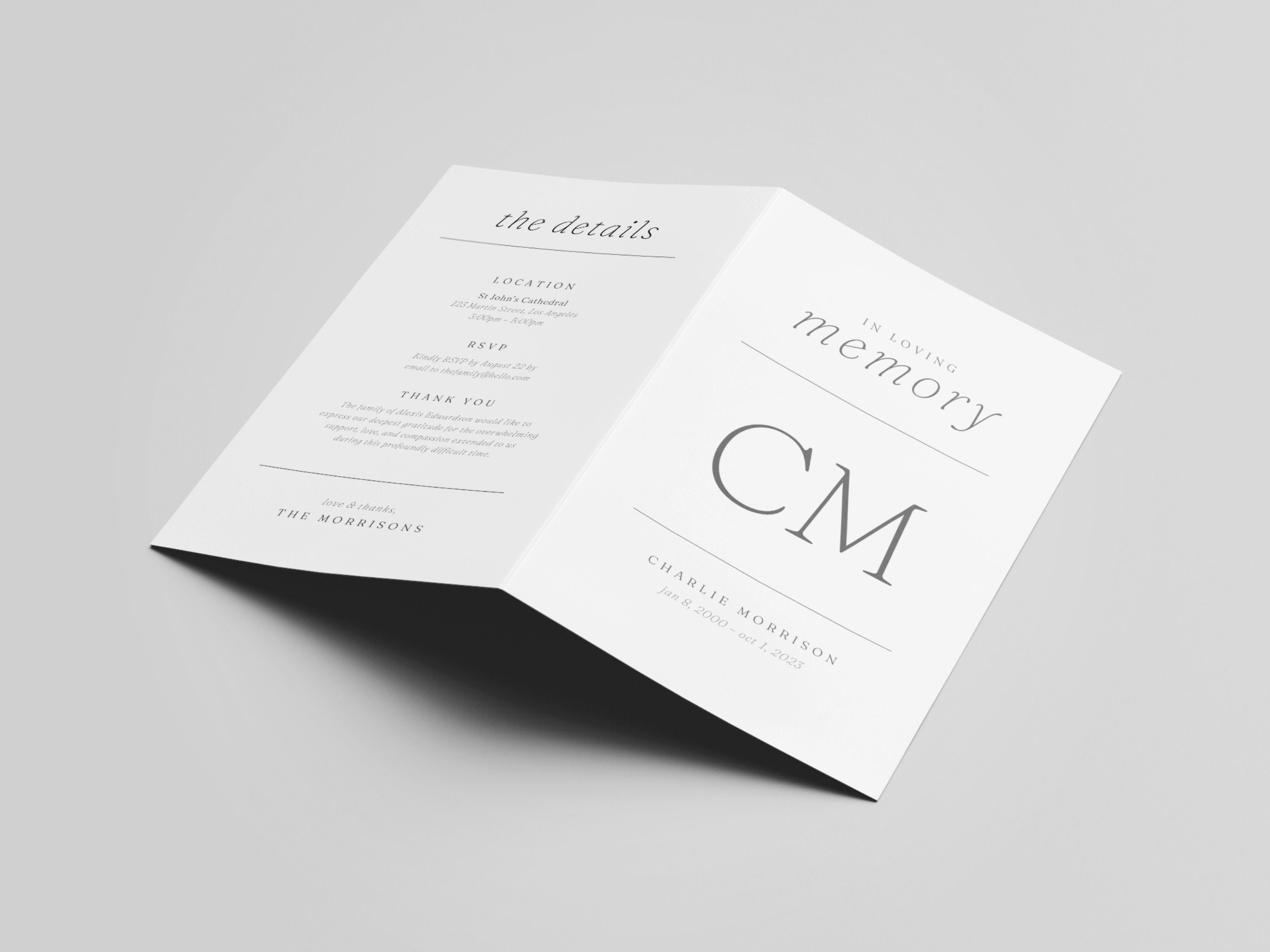Bifold Funeral Program Template | Minimal Funeral Invite Canva | Text ...