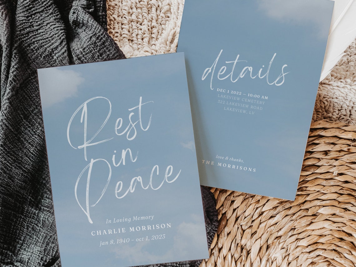 Blue Sky Clouds Funeral Program Template Canva Text Only Obituary ...