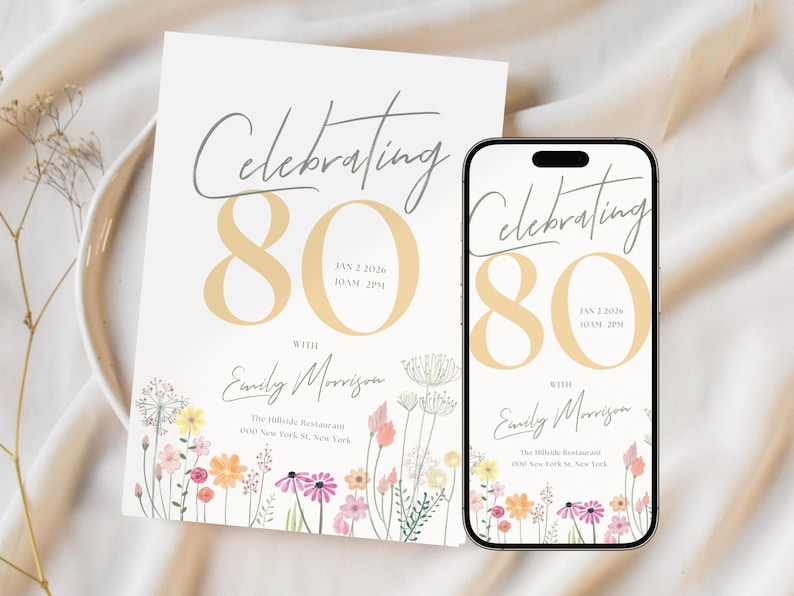 Floral 80th Birthday Invitation Template (digital Download) - Etsy