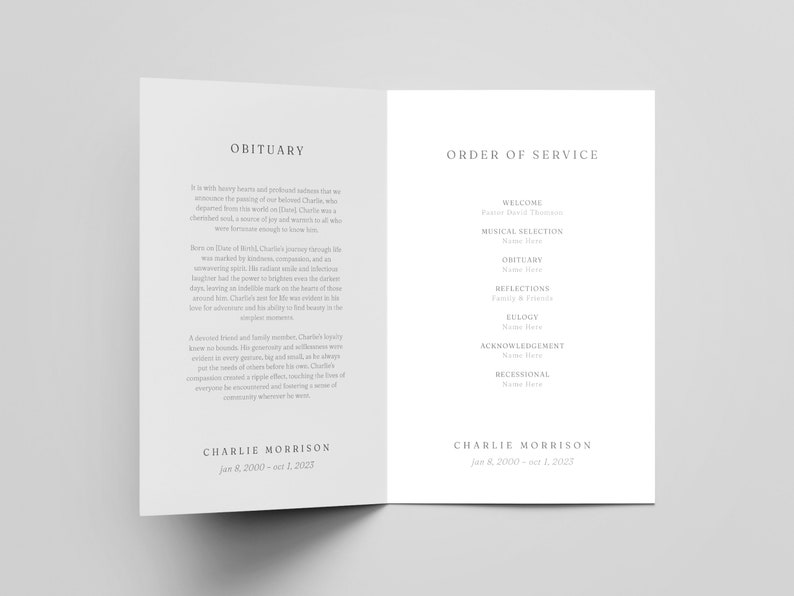 Minimalist Funeral Program Template Printable Order of Service Simple ...