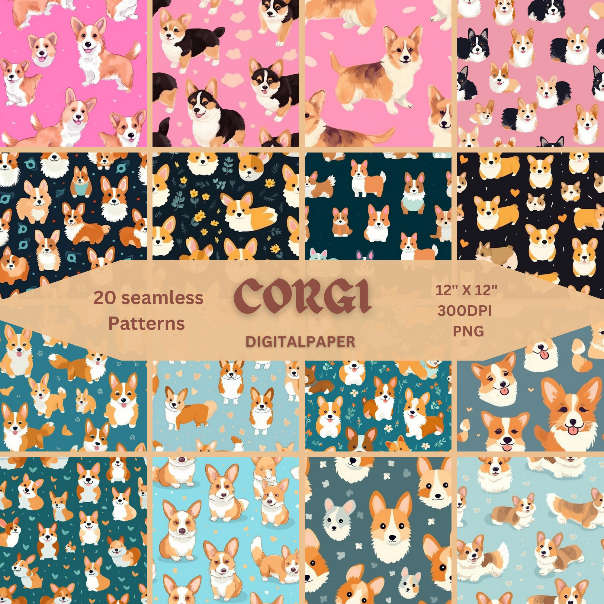 Corgi Dogs Digital Paper, Corgi Seamless Pattern Pack, Dog Background ...