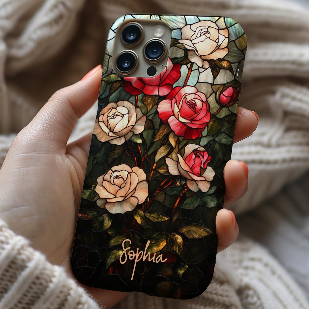 Custom Name Stained Glass Roses Phone Case, Cute Floral Aesthetic for ...