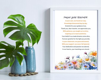 Teacher Thank You Poem Digital Download for Teacher Appreciation ...