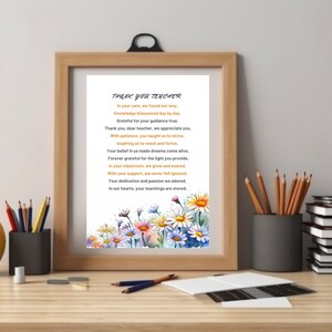 Thank You Teacher Poem Digital Download for Teacher Appreciation ...