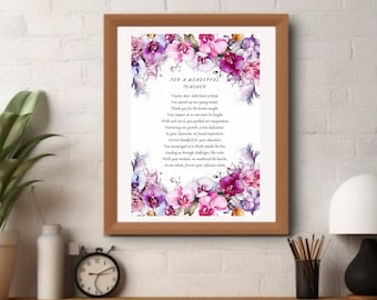 Teacher Thank You Poem Digital Download for Teacher Appreciation ...