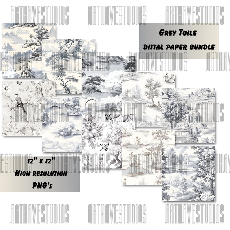 Toile Digital Paper, Toile De Jouy Motifs, Grey Ceramic Background, Art ...