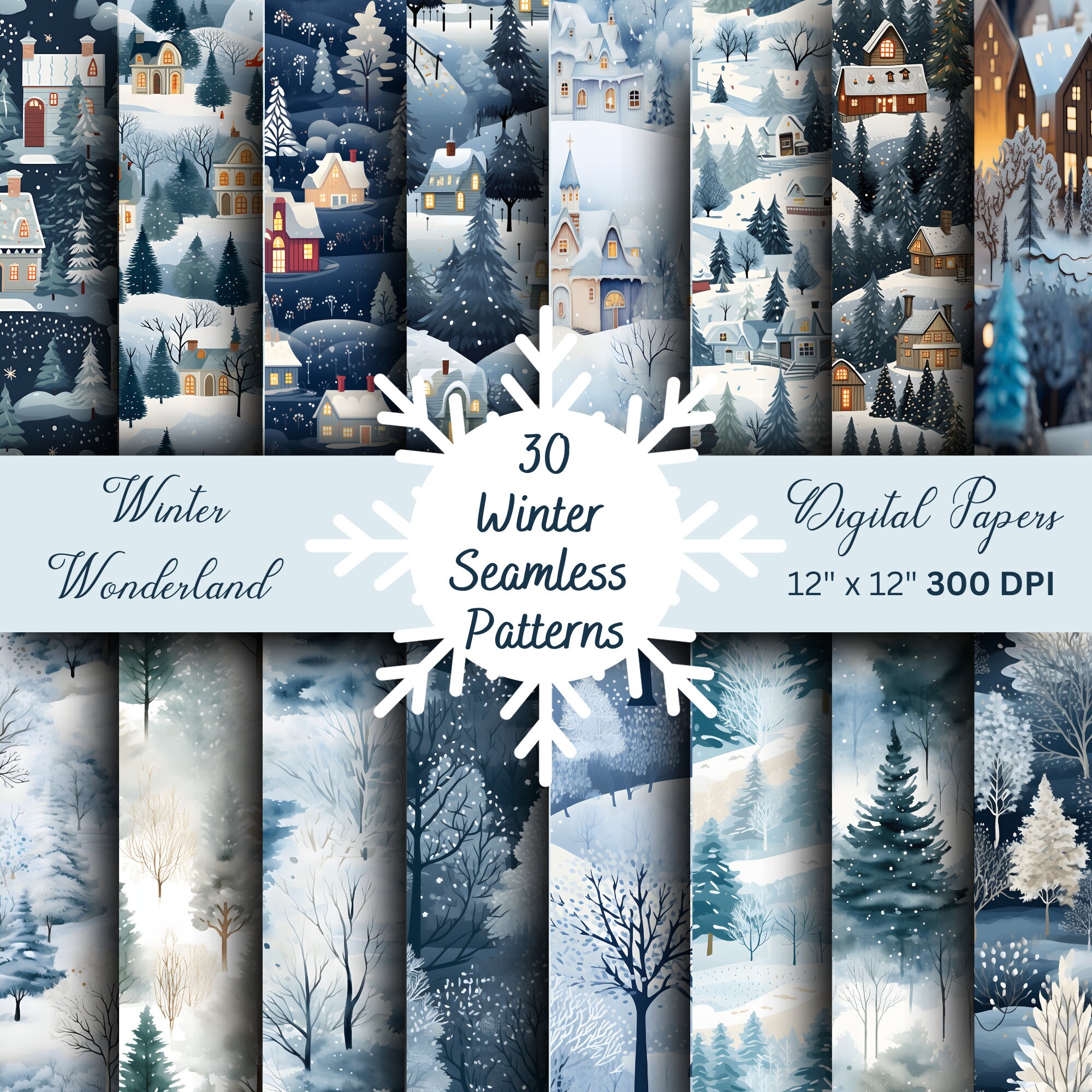 Winter Wonderland Digital Paper, Winter Fantasy Seamless Patterns, Snow ...