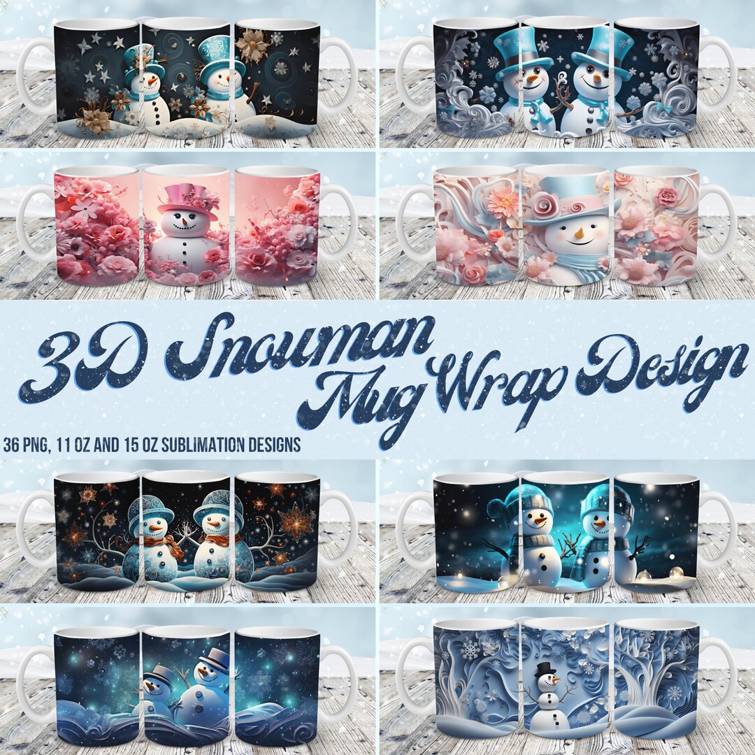 3D Snowman Mug Wrap for Christmas, 11oz and 15oz Mug Template, Coffee ...
