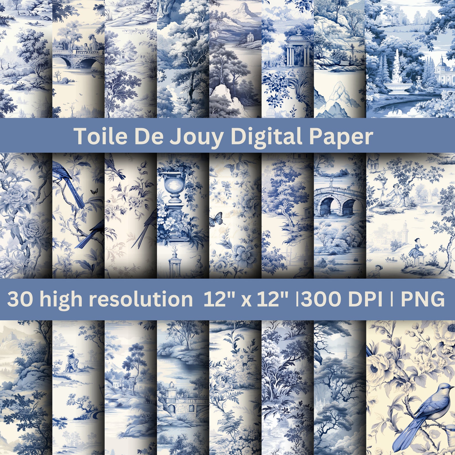 Toile Digital Paper, Toile De Jouy Motifs, Blue Ceramic Background, Art ...