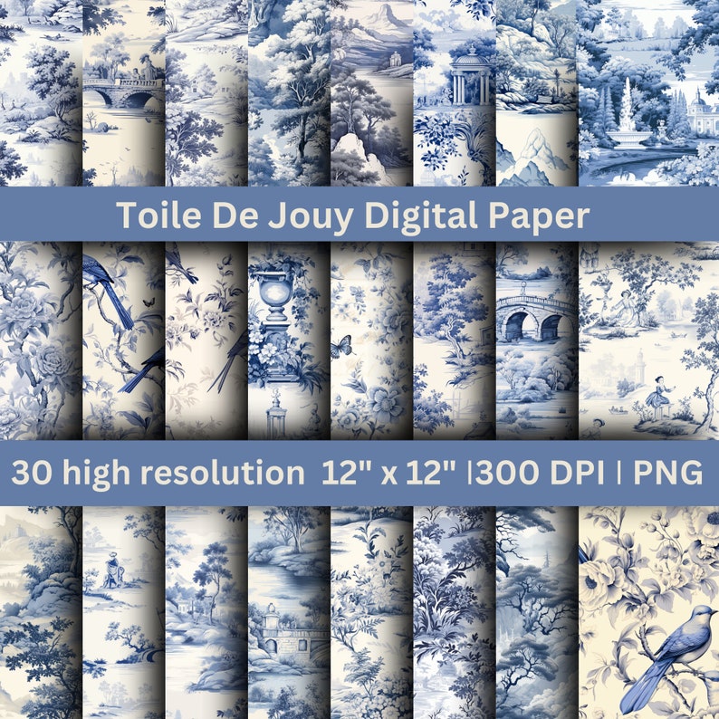 Toile Digital Paper, Toile De Jouy Motifs, Blue Ceramic Background, Art ...
