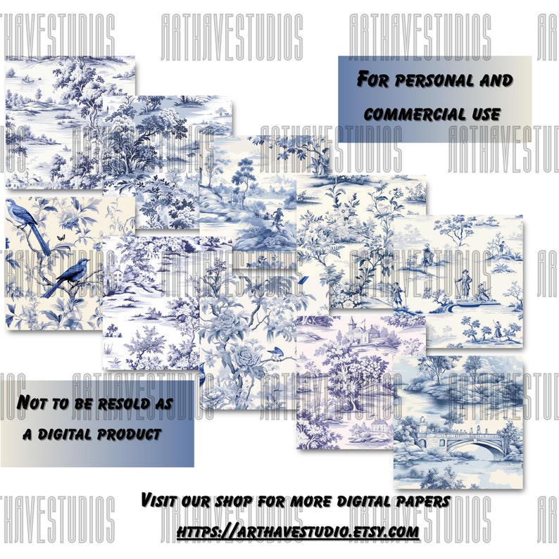 Toile Digital Paper, Toile De Jouy Motifs, Blue Ceramic Background, Art ...