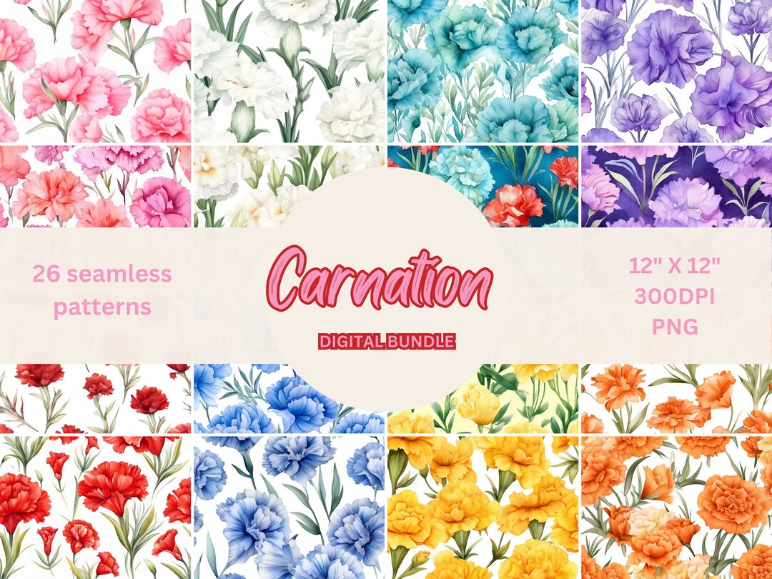Carnation Digital Paper, Watercolour Floral Seamless Pattern, Printable ...