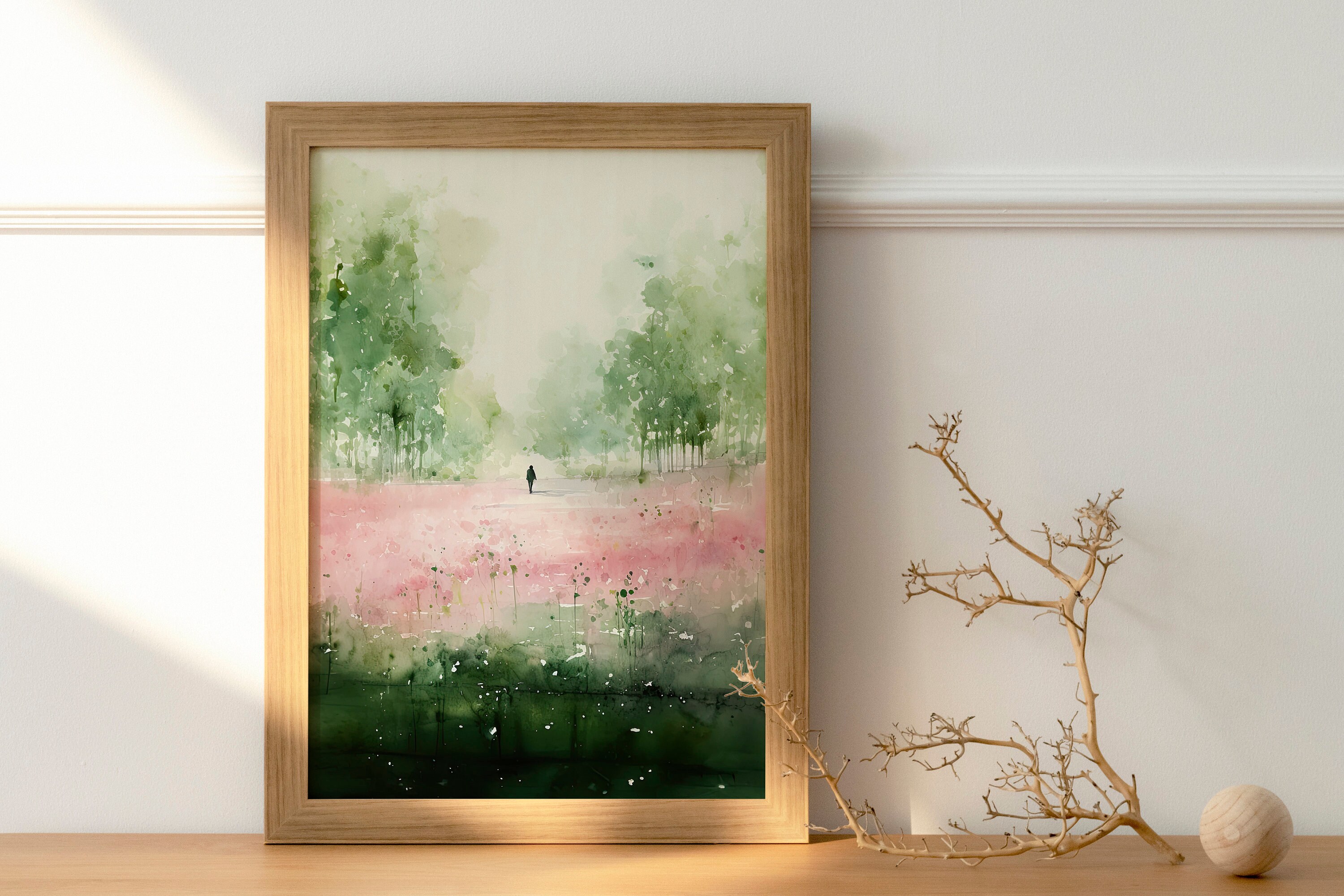Spring Art Green Nature Scene Forest Wall Art for Home Decoration Pink ...