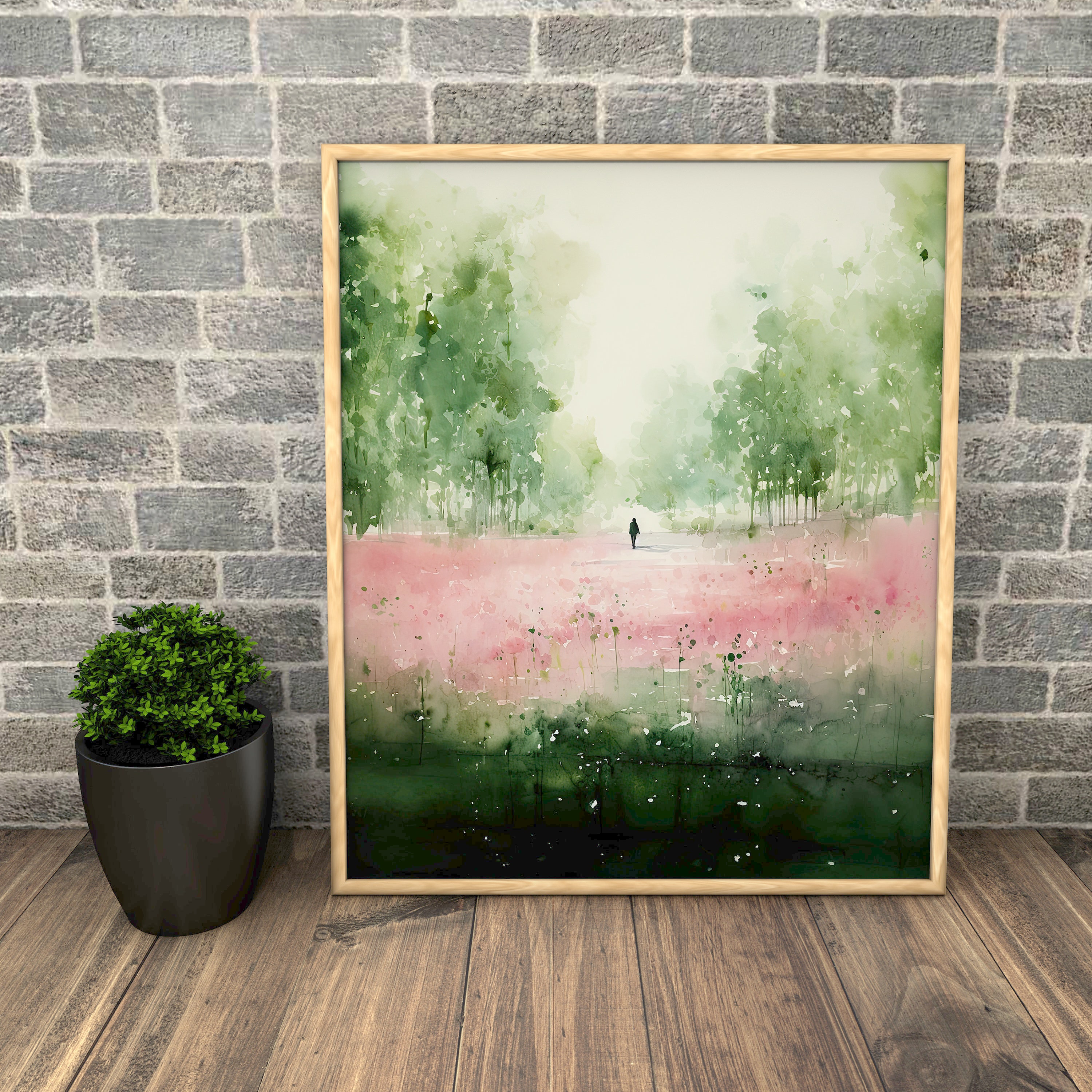 Spring Art Green Nature Scene Forest Wall Art for Home Decoration Pink ...