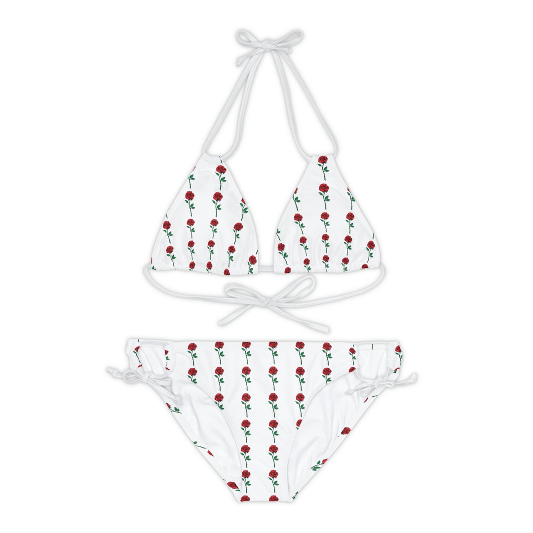 Little Red Rose Pattern Strappy Bikini Set Aop Etsy