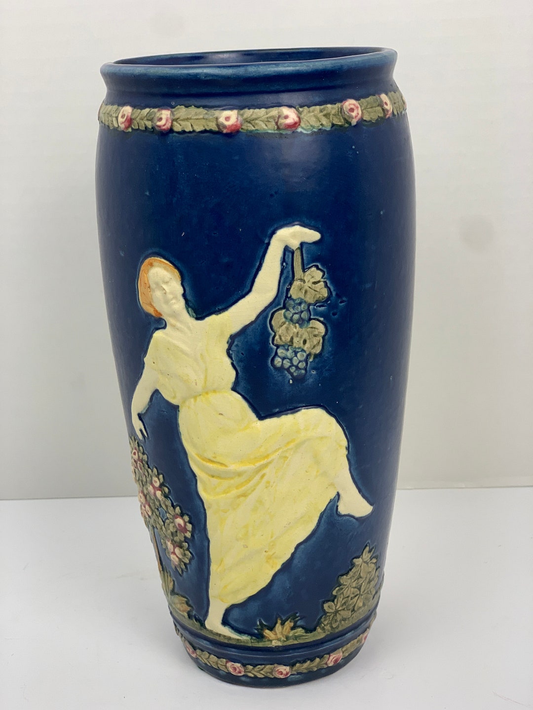 Antique Weller Blue Ware Vase With Embossed Maidens Dancing Playing ...