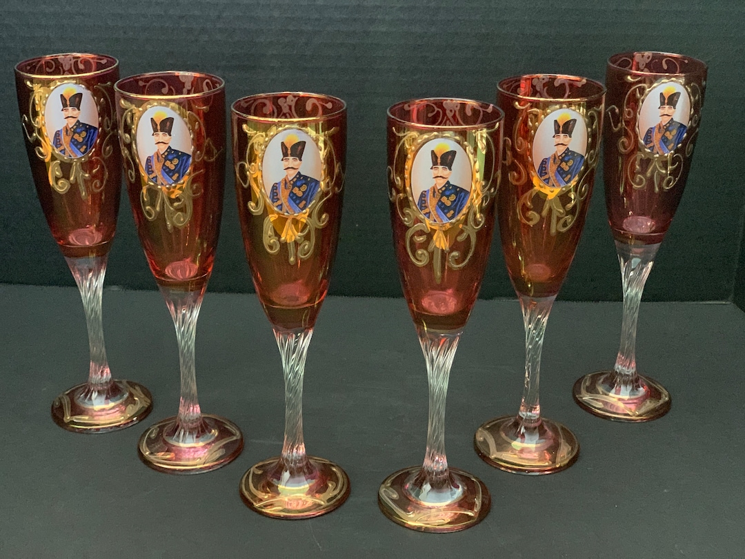 Set of 6 Bohemian Ruby Red Cordial Portrait Glasses With Gold Trim ...