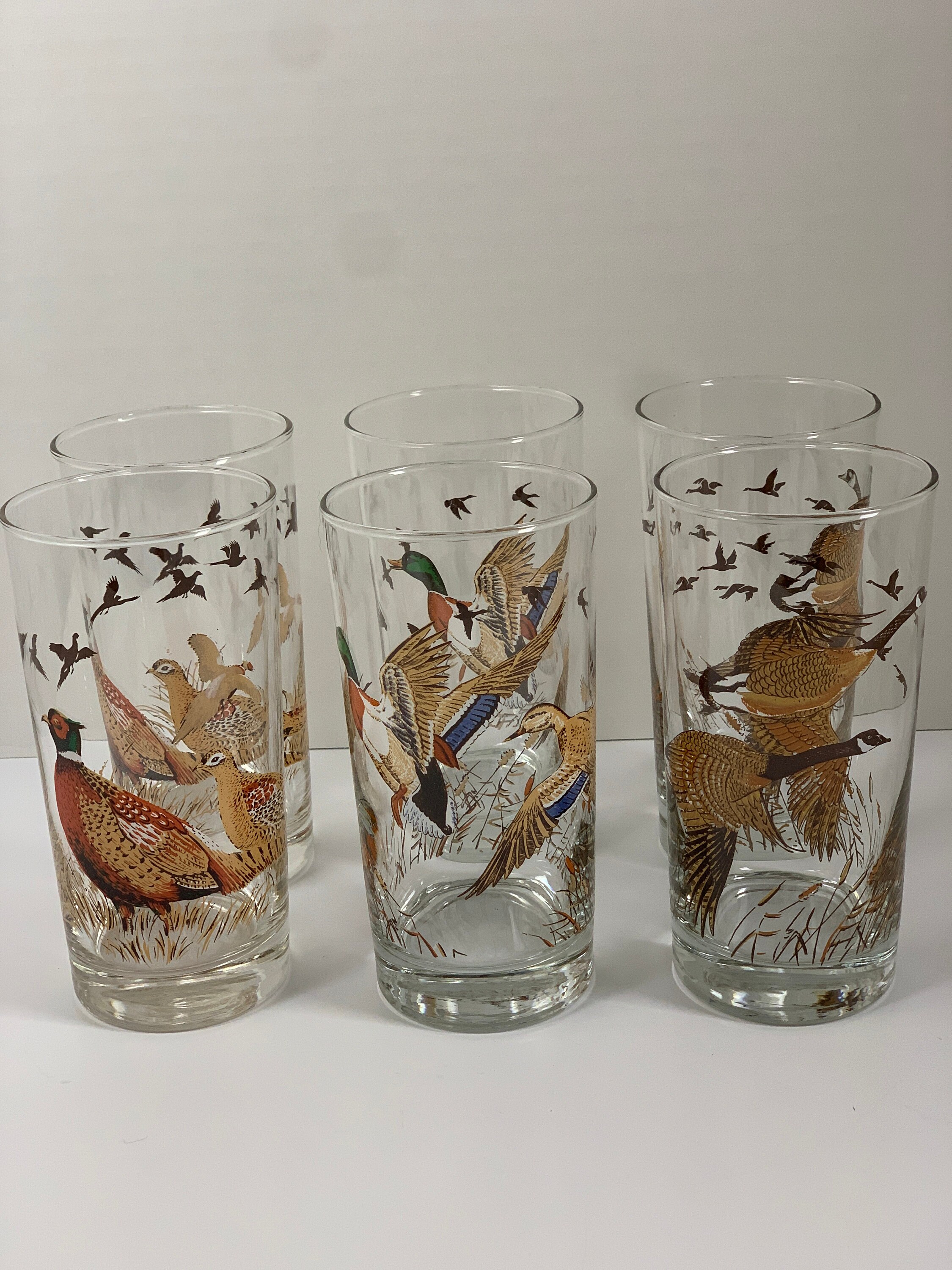 Set of 6 Libby Glass Wild Game Birds High Ball Glasses, Two Each of 3 Different Bird Designs ...
