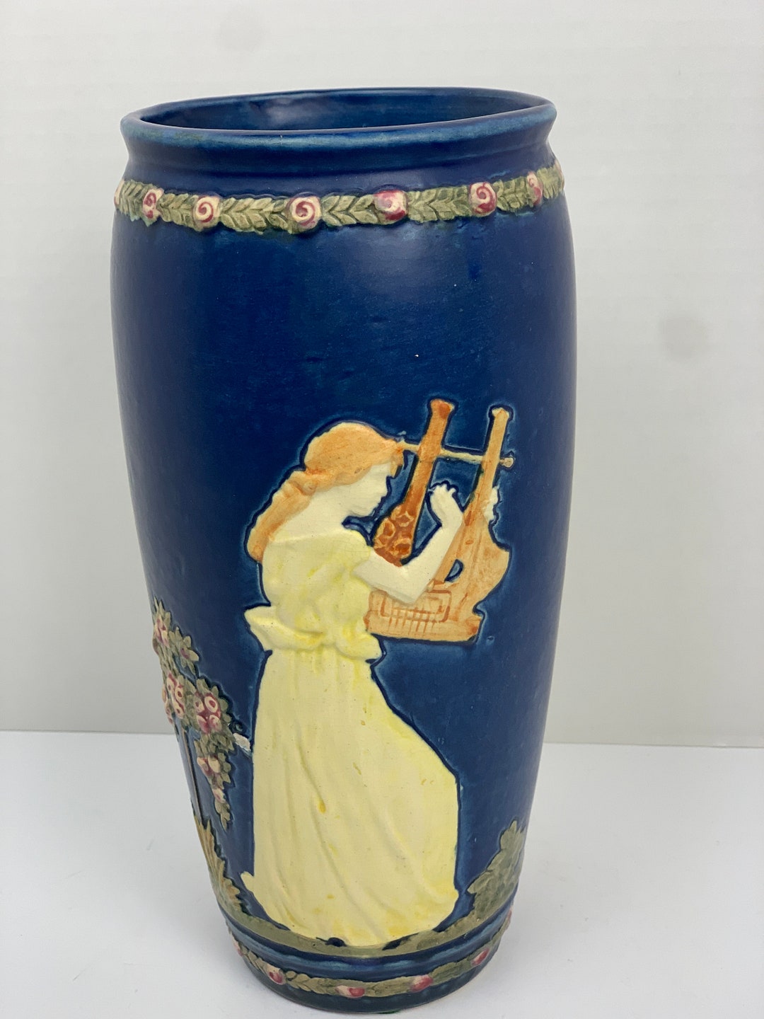 Antique Weller Blue Ware Vase With Embossed Maidens Dancing Playing ...