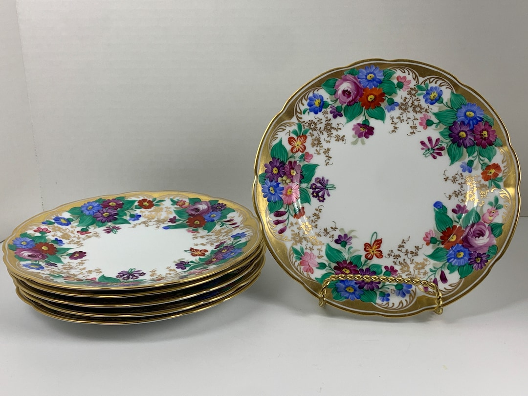 Set of 6 Limoges Salad / Luncheon Plates, Gold Gilt Trim, Florals in ...