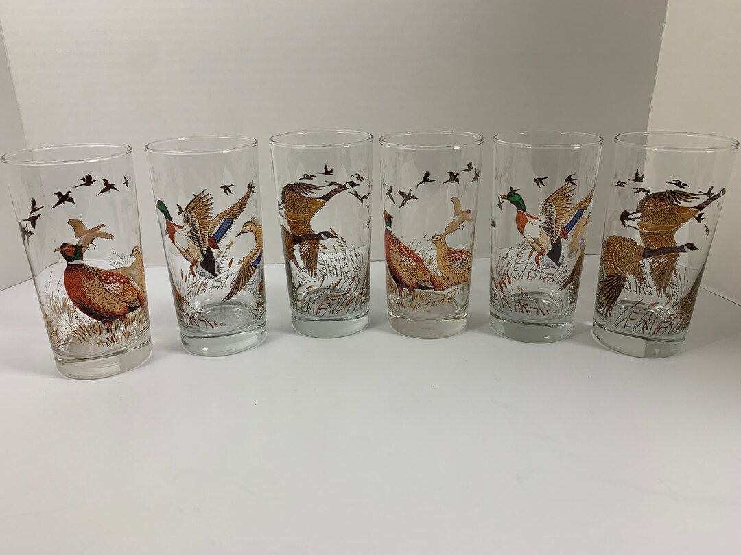 Set of 6 Libby Glass Wild Game Birds High Ball Glasses, Two Each of 3 Different Bird Designs ...
