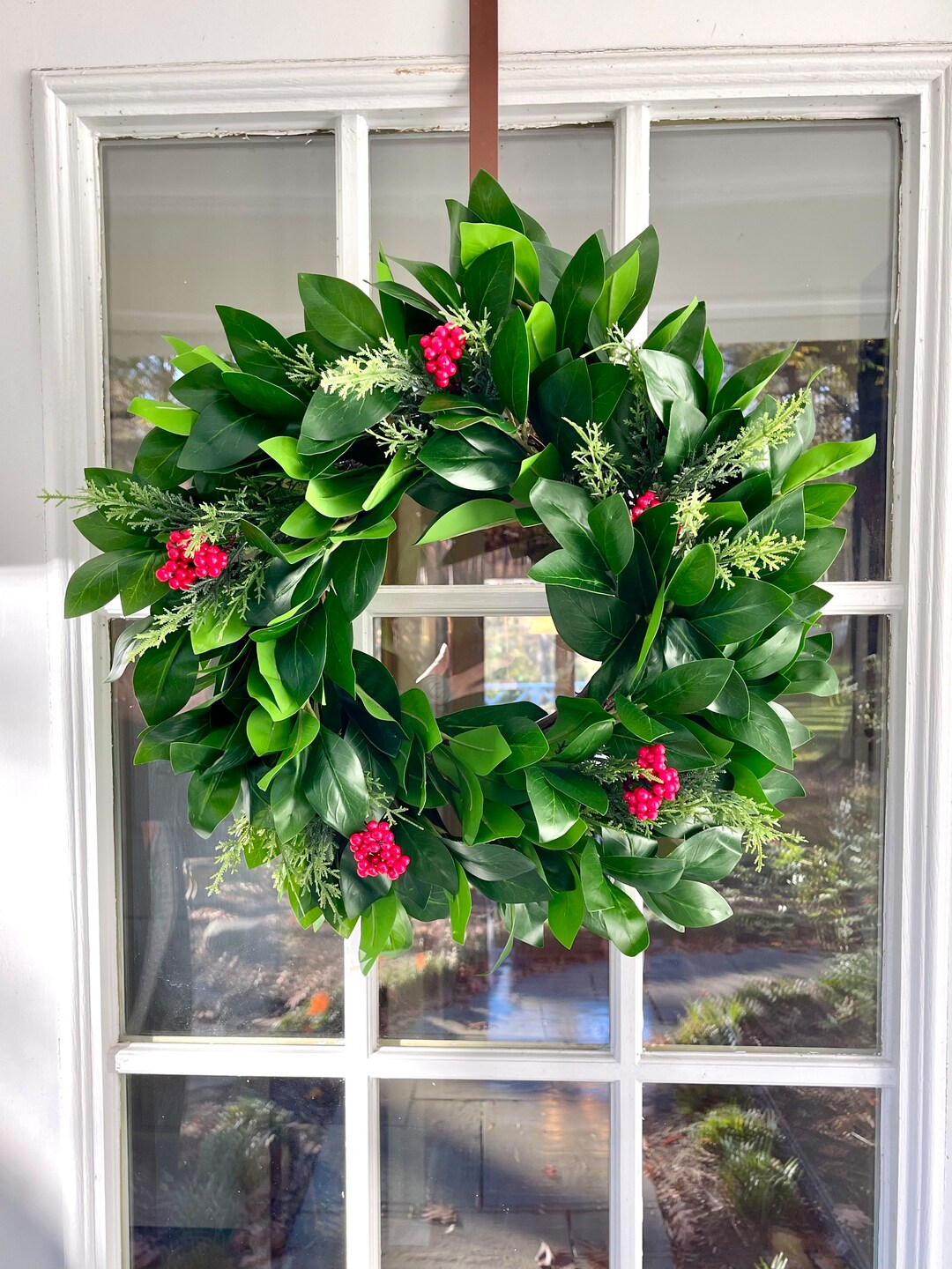 Christmas Laurel Wreath With Red Berries, Winter Greenery Wreath ...