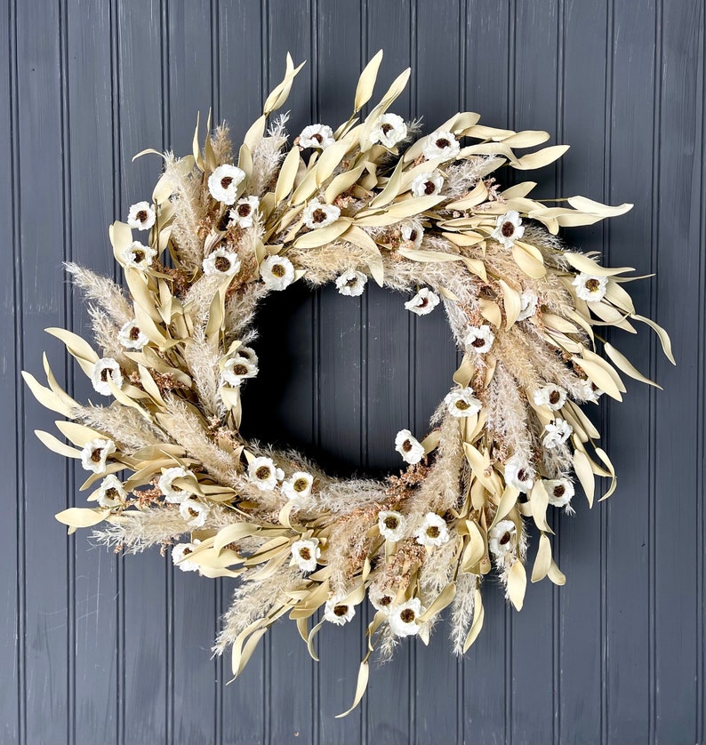 Year Round Neutral Boho Style Wreath With Pampas Grasses Cream Ferns ...