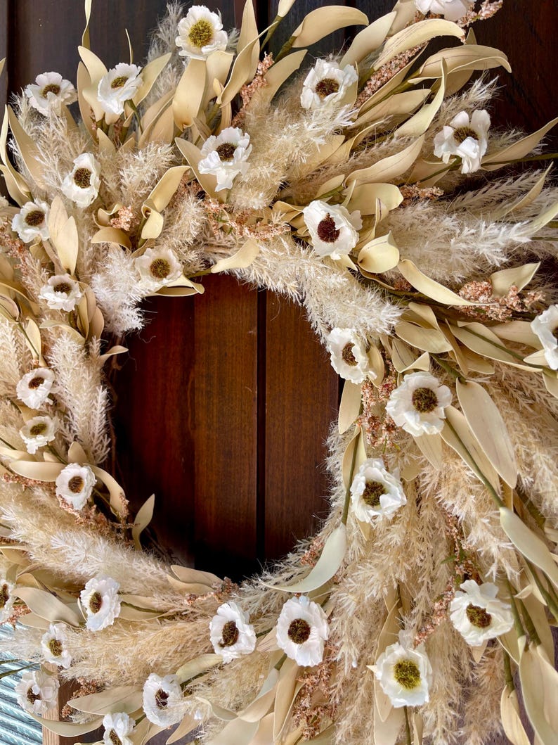 Year Round Neutral Boho Style Wreath With Pampas Grasses Cream Ferns ...