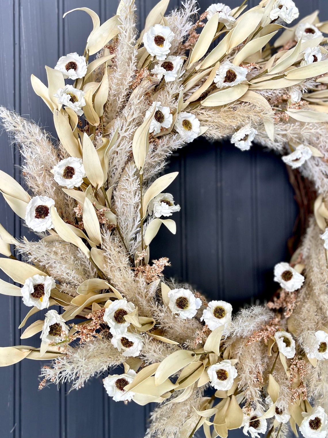 Year Round Neutral Boho Style Wreath With Pampas Grasses Cream Ferns ...