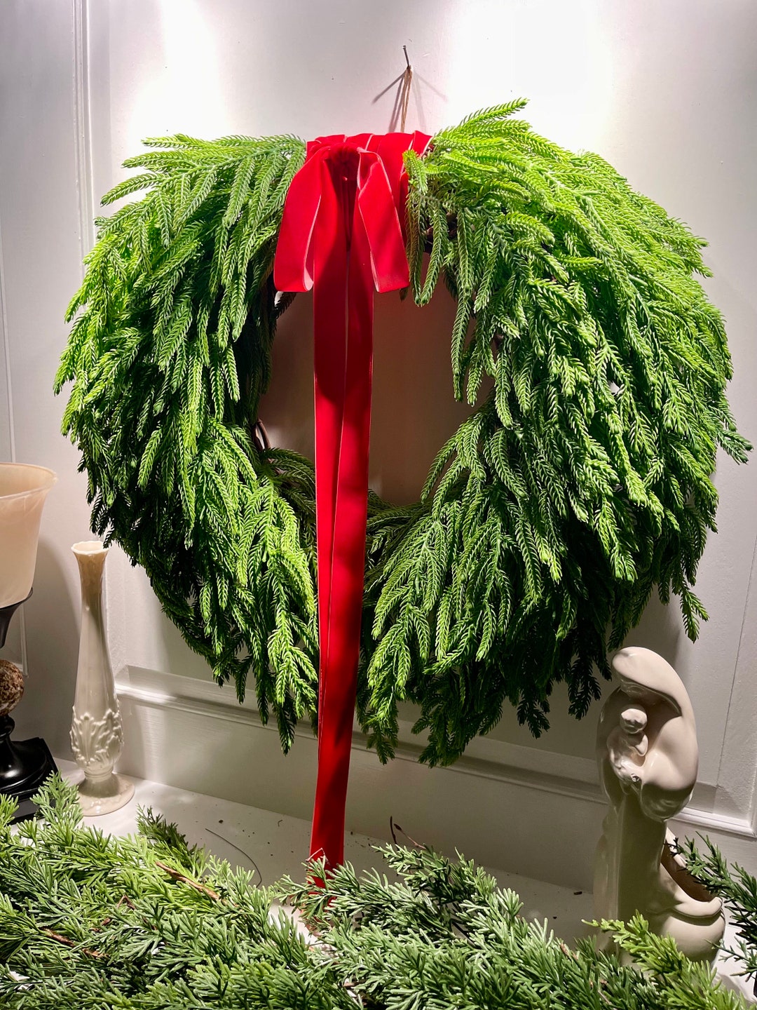 Christmas Norfolk Pine Wreath, Neutral Evergreen Winter Wreath, Norfolk ...