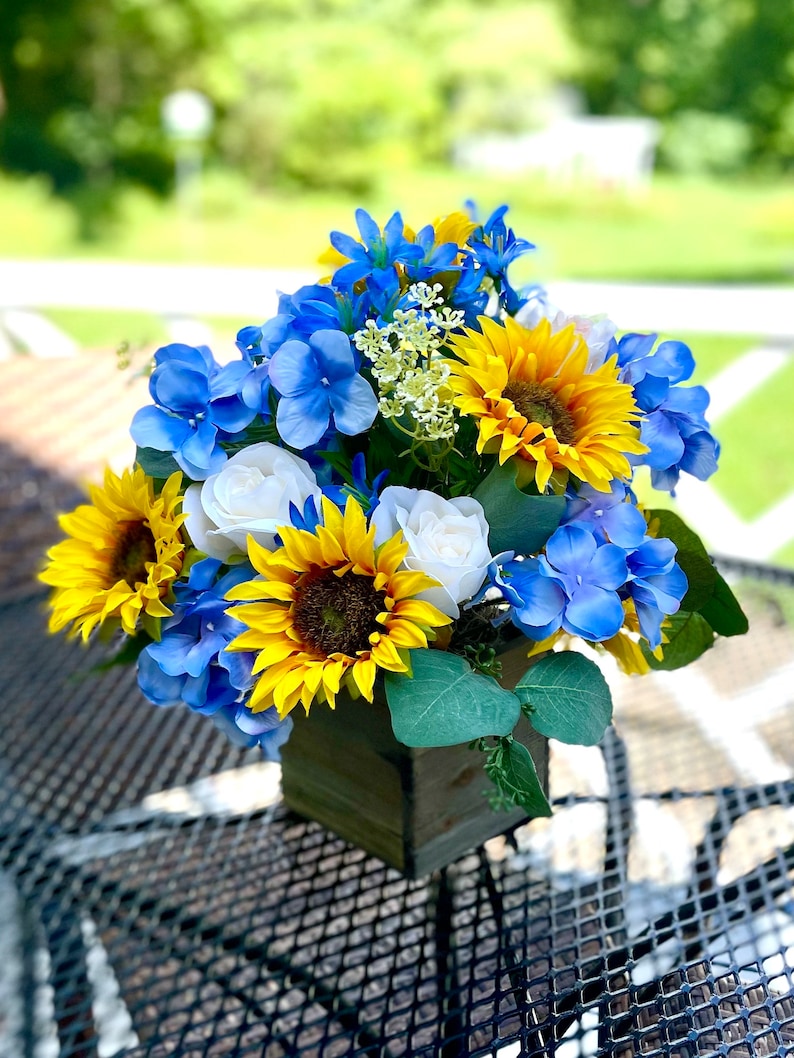 Sunflower Arrangement, Hydrangea Centerpiece, Faux Floral Decor, Front ...