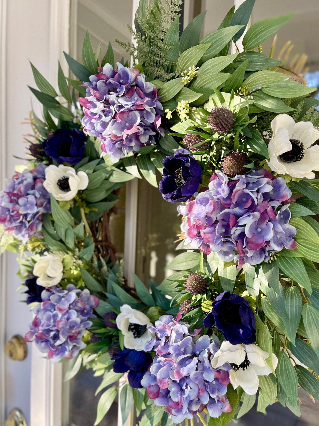 Pink Purple and White Hydrangea Anemones and Thistle Wreath for Spring ...