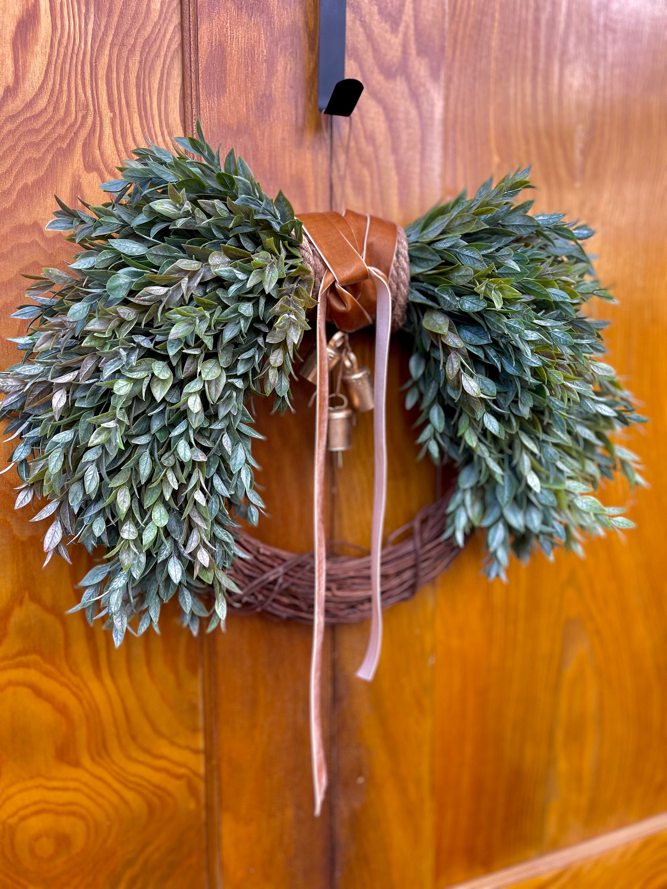 Rustic Modern Year Round Ruscus Wreath for Front Door Wreath With Bells ...