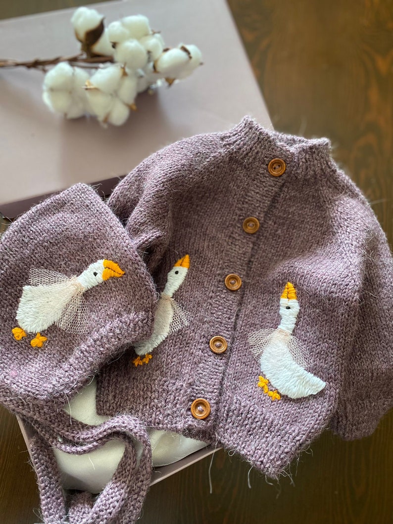 Goose Embroidered Sweater, Baby Bonnet and Cardigan Set, Newborn Baby ...