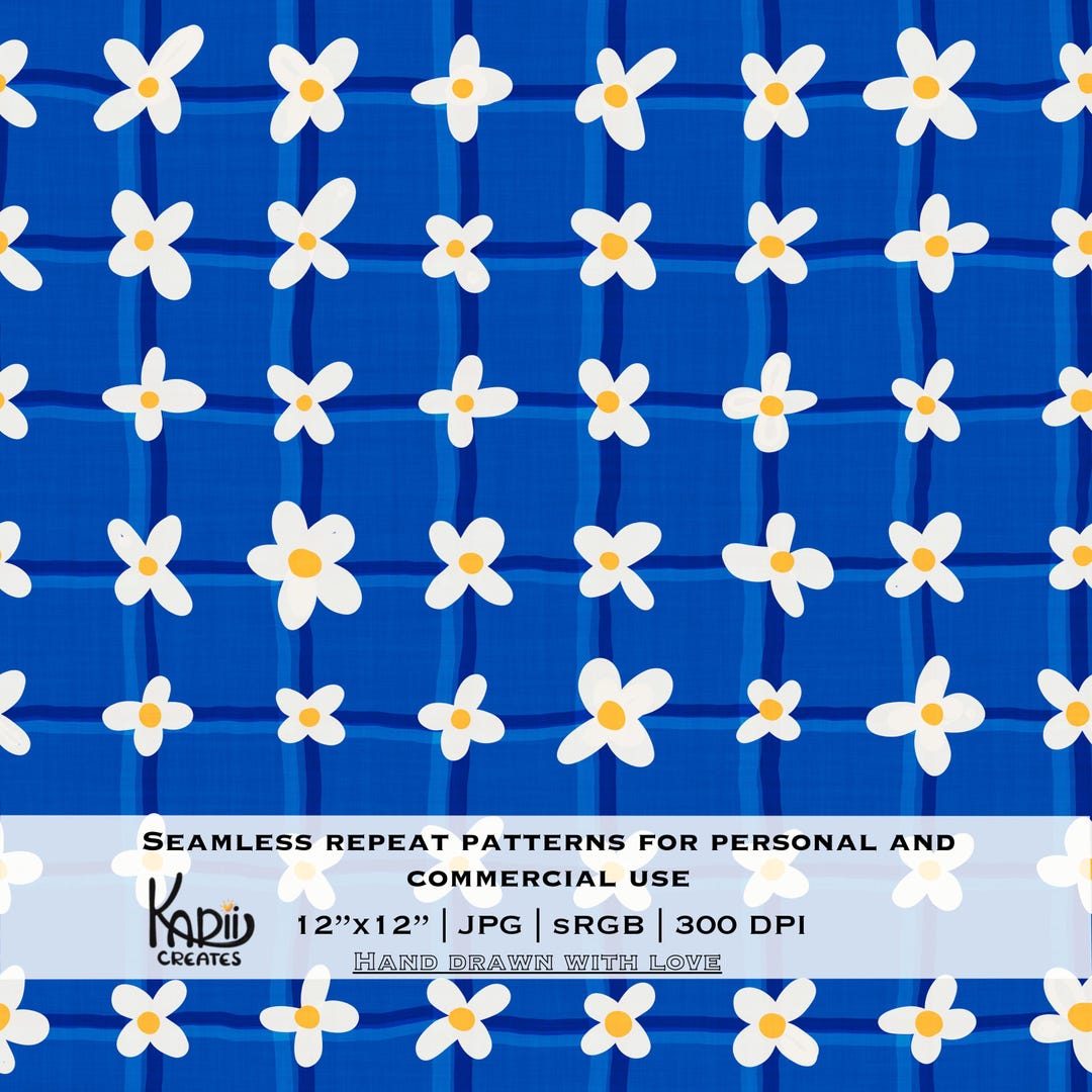 Blue and White Floral Grid Seamless Pattern, Hand Drawn Retro Flowers ...