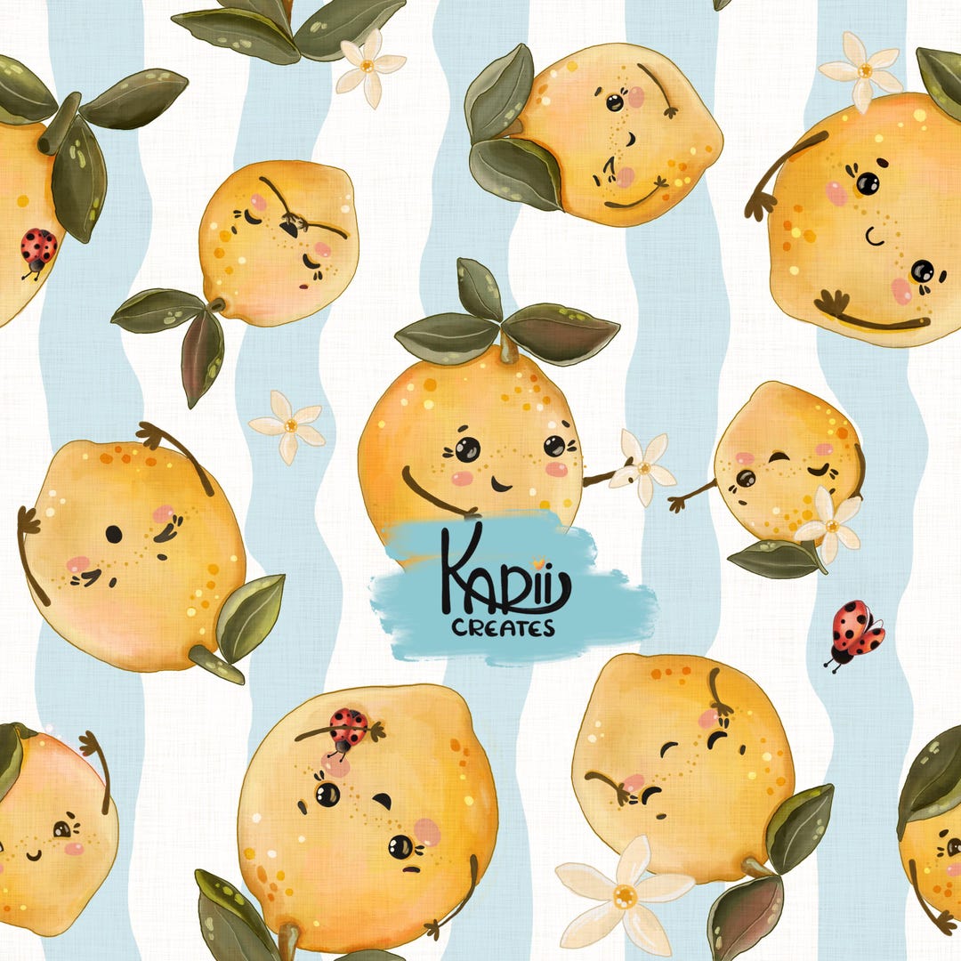 Seamless Cute Lemon Pattern, Kawaii Citrus Repeat With Blossoms ...