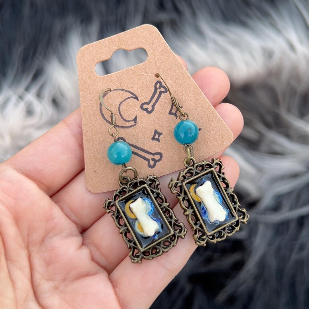 Raccoon Toe Bone + Starry Night Painting Earrings | Vincent Van Gogh ...