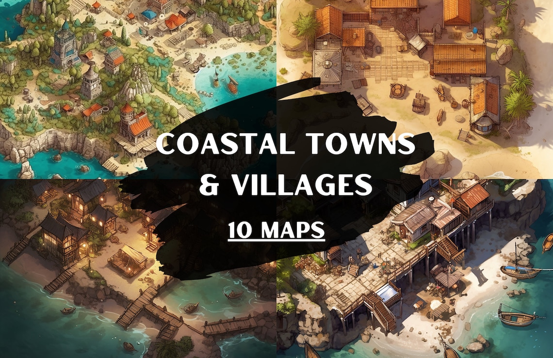 Lot de cartes DnD Coastal Towns and Villages, 10 cartes de bataille D&D ...