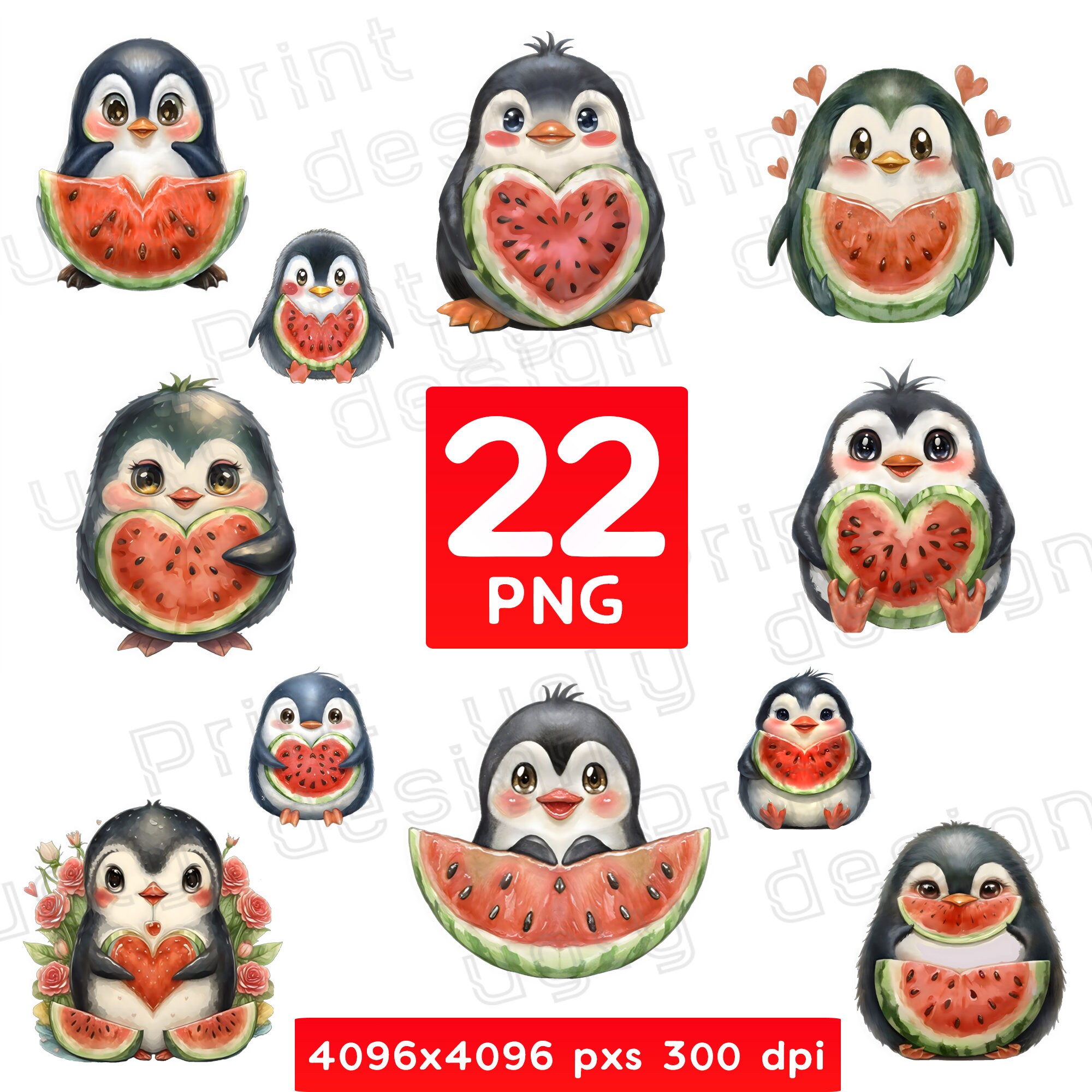 22 Penguin PNG Bundle Set. Cute Penguin and Watermelon. Penguin Clipart ...