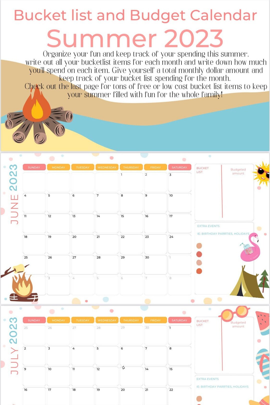 Summer Bucket List Calendar and Budget - Etsy