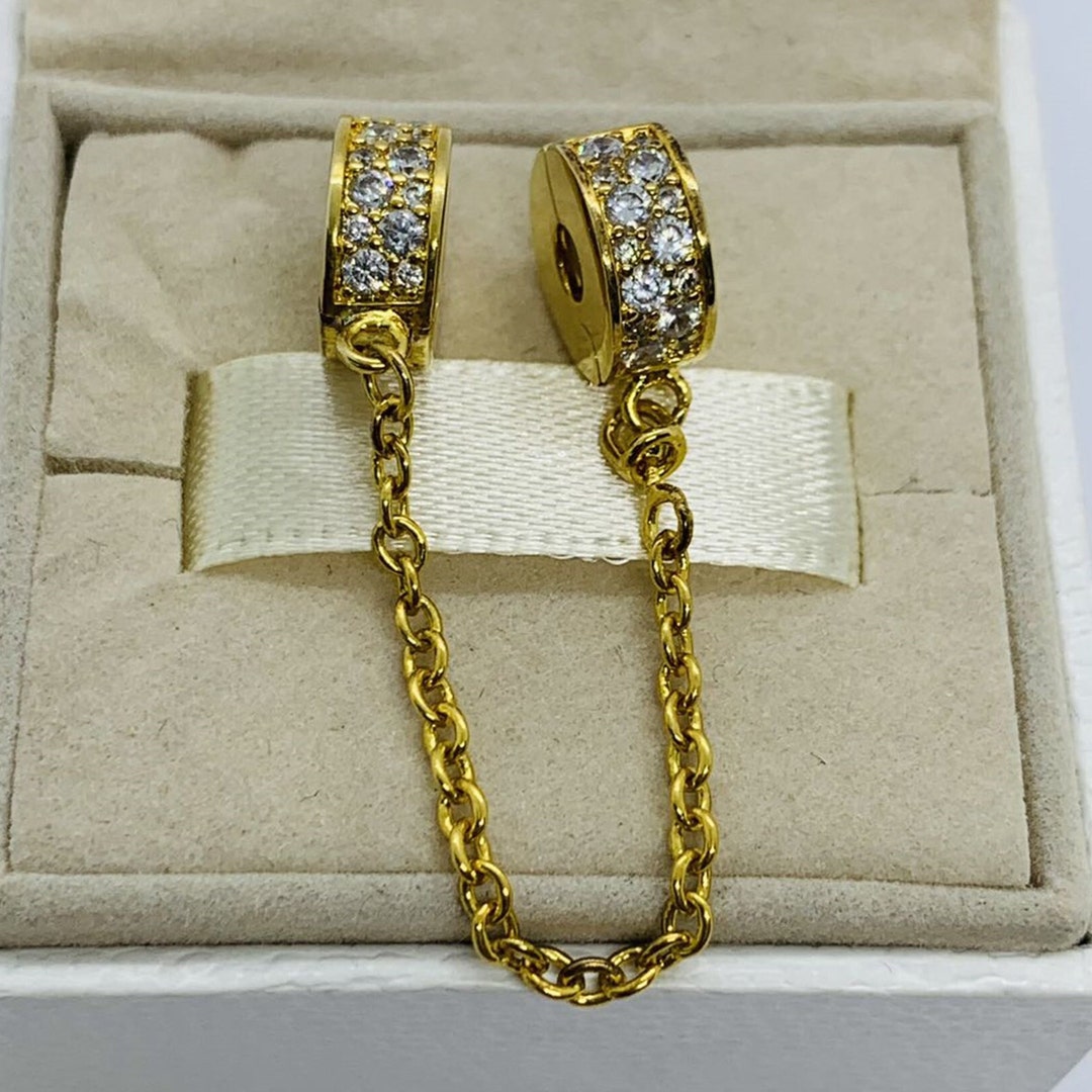 Pandora Clear Pavé CZ Safety Chain Clip Charm Gold-plated Pendant S925 ...