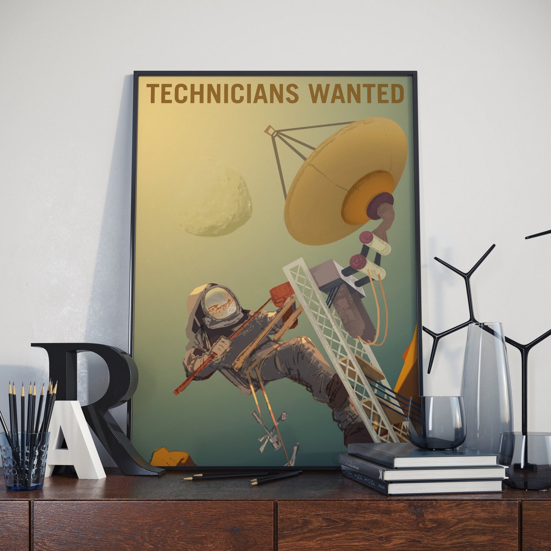 Mars Technicians Wanted Poster - Astronaut Repairing Satellite Dish on ...